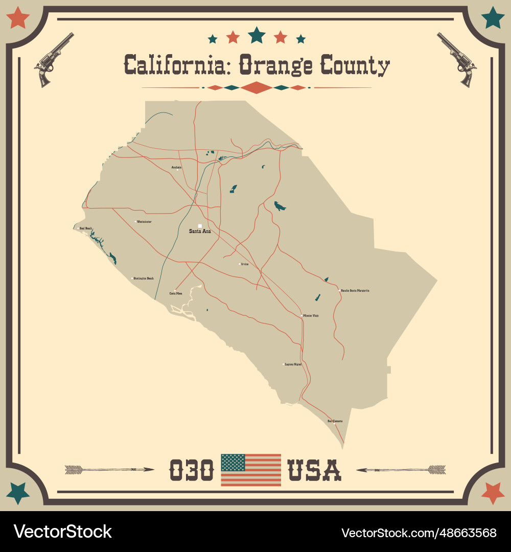 Orange County Map - Vintage Style Royalty Free Vector Image