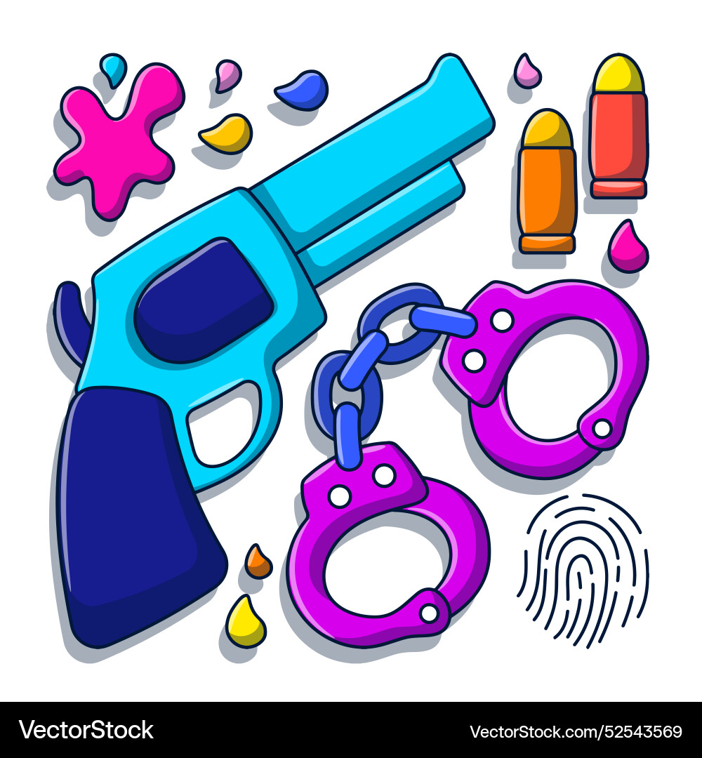 Crime doodle clipart with colored hand drawn style