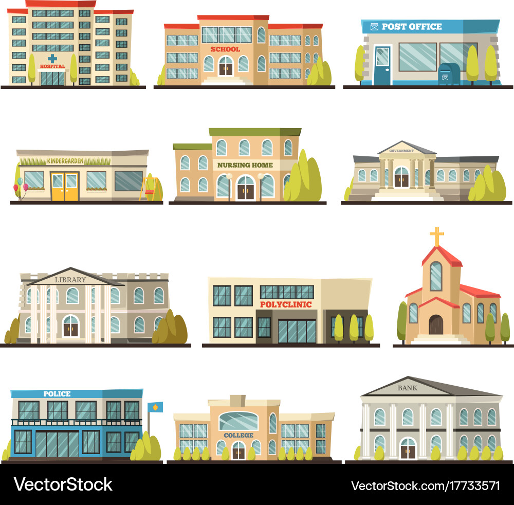 Colored municipal buildings icon set Royalty Free Vector