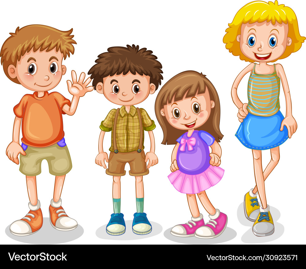 Four happy kids standing on white background Vector Image