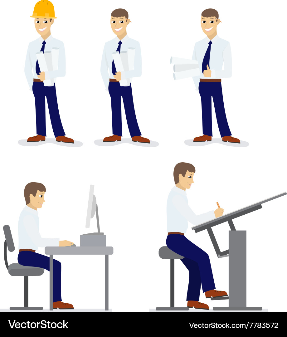 Cartoon set of draftsman Royalty Free Vector Image