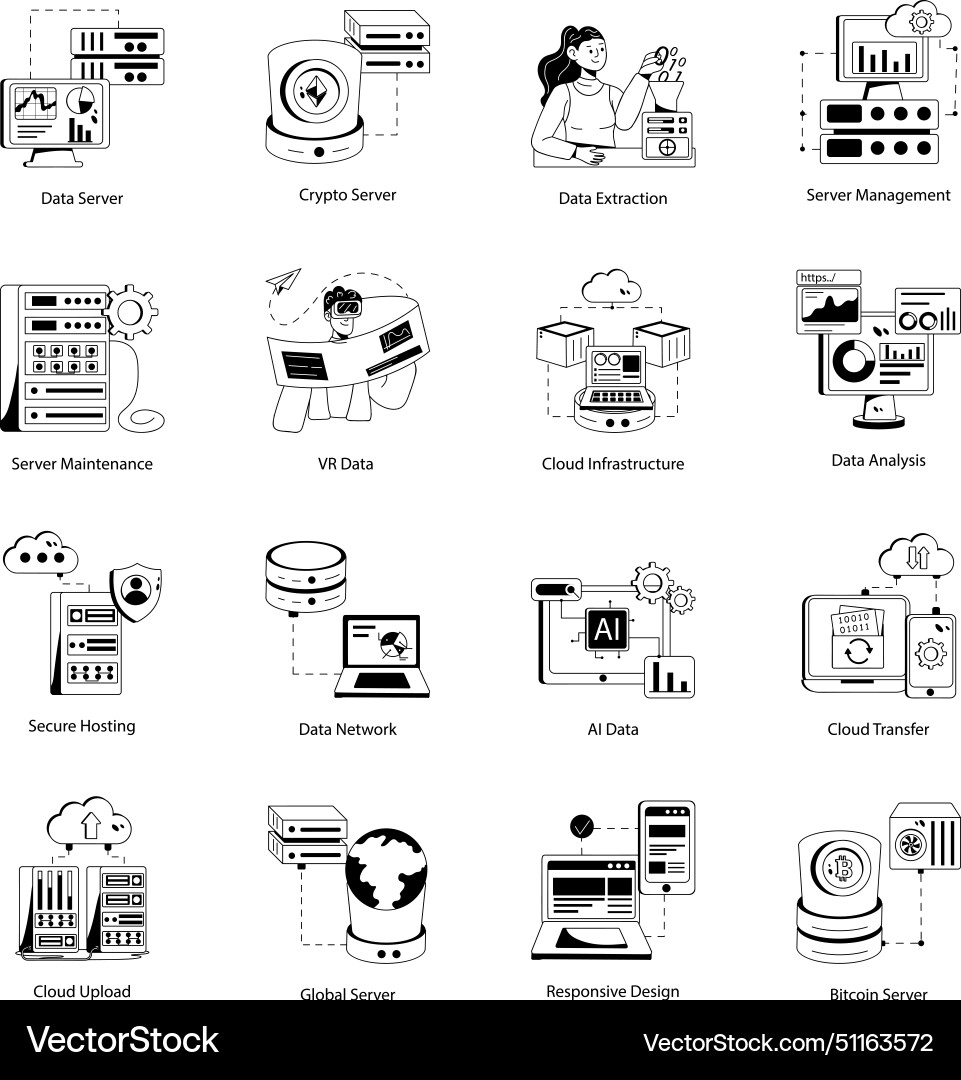 Collection of data server glyph icons Royalty Free Vector