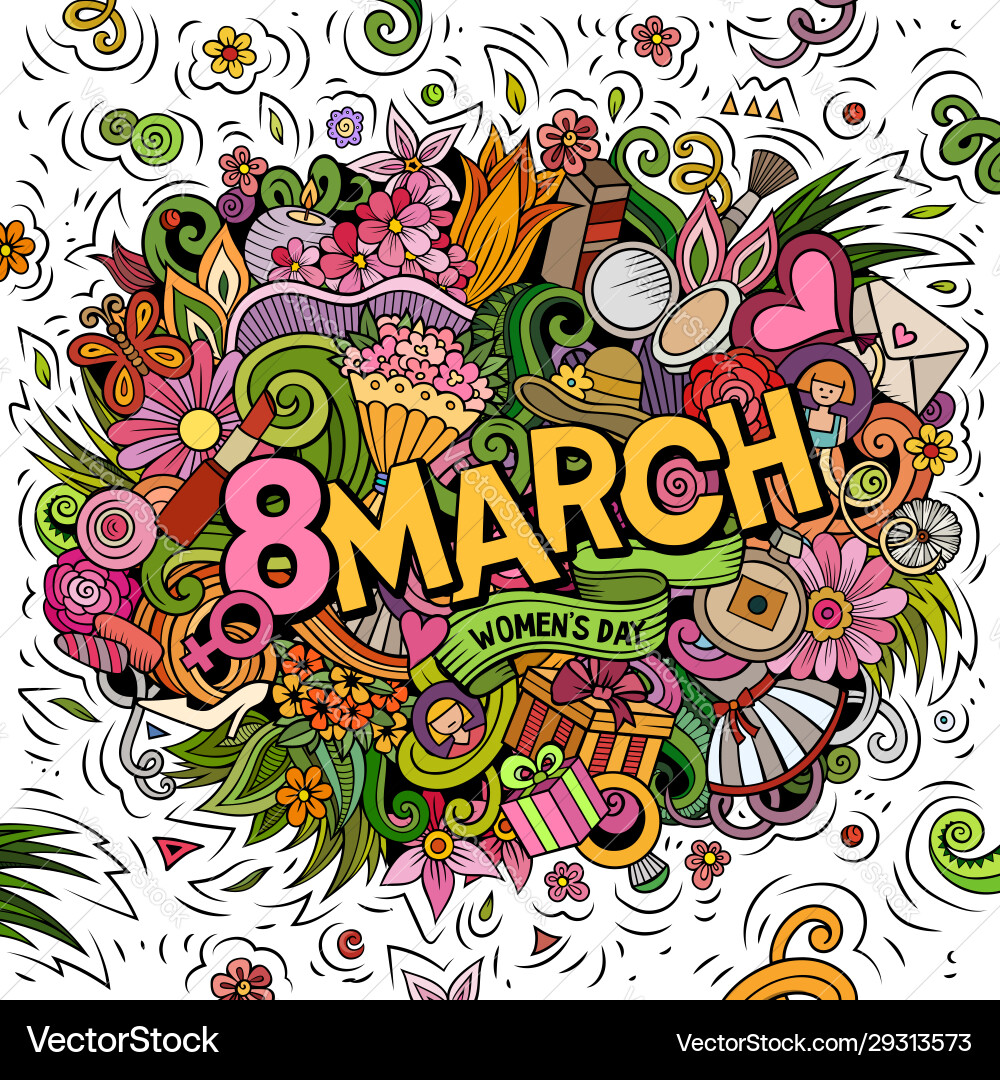 8 march hand drawn cartoon doodles Royalty Free Vector Image