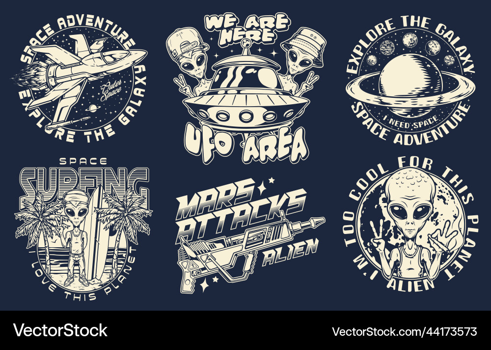 Aliens set emblems monochrome vintage Royalty Free Vector