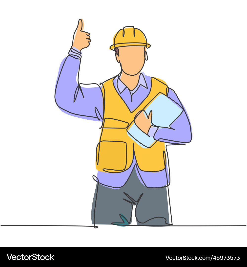 Single line drawing of young construction worker Vector Image