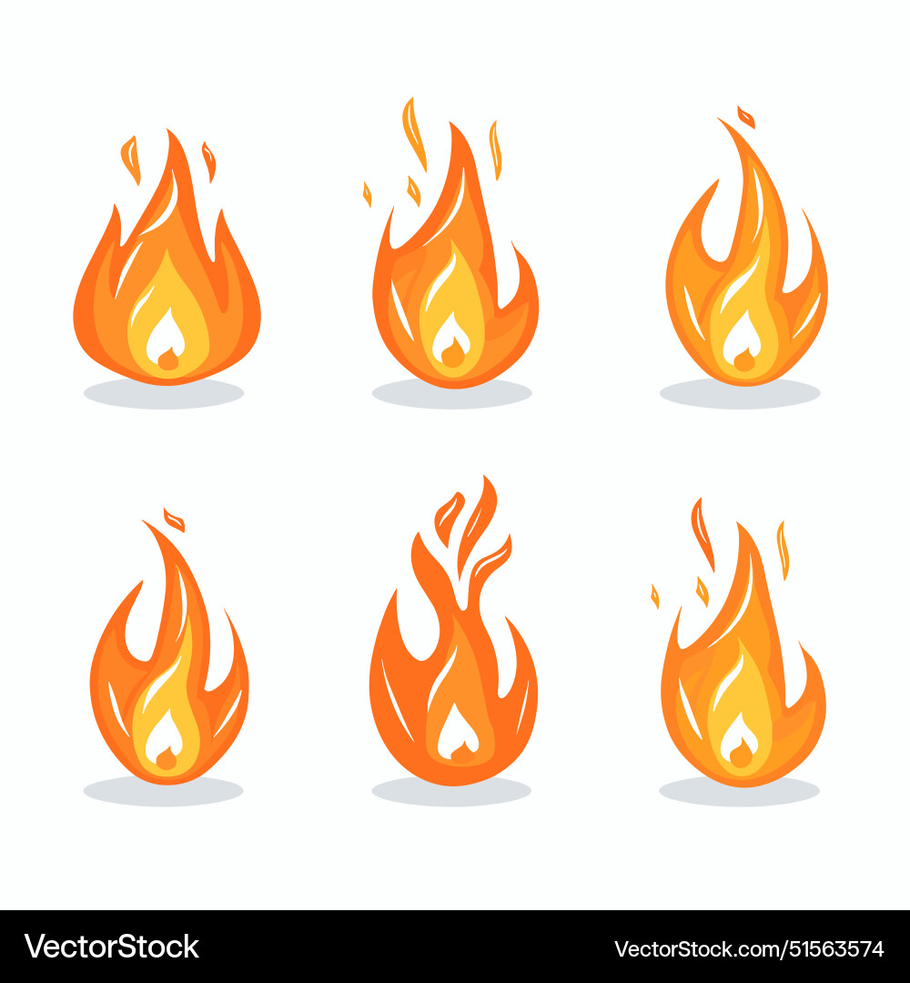 Six cartoon fire flames set isolated white Vector Image