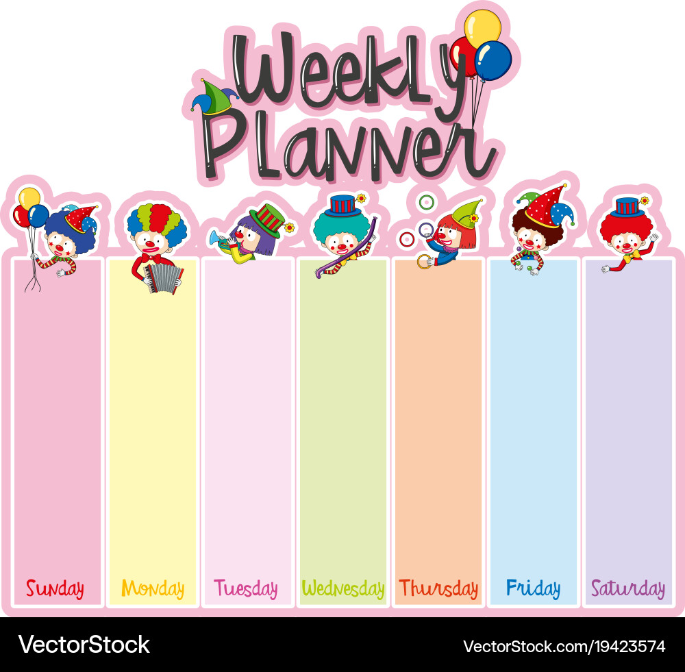 Weekly planner note template with happy clowns Vector Image