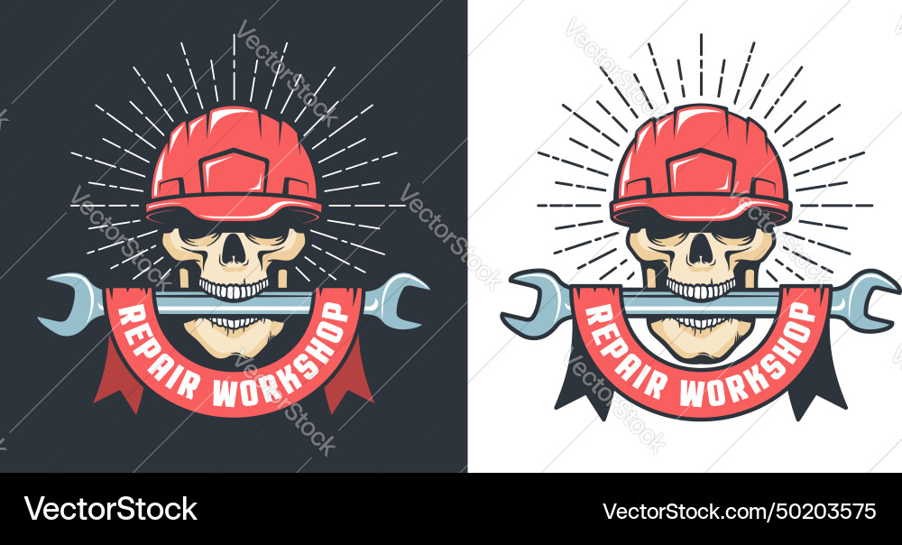 Repair workshop retro logo with skull in hardhat Vector Image