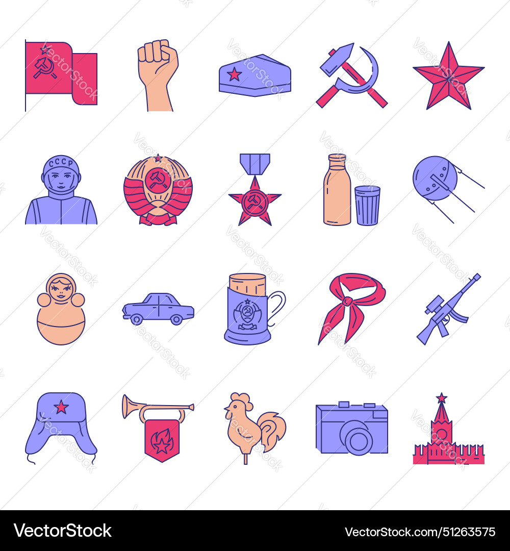Ussr icon set in colored line style Royalty Free Vector