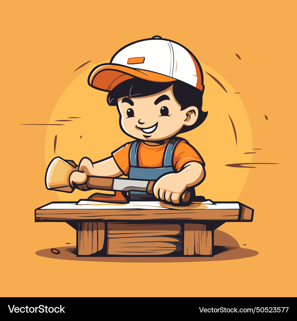 Carpenter boy working on wood plank cartoon Vector Image