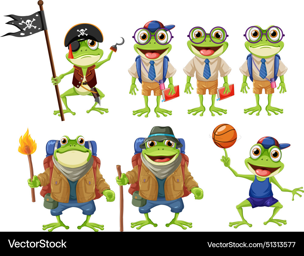 Frogs dressed in different costumes Royalty Free Vector
