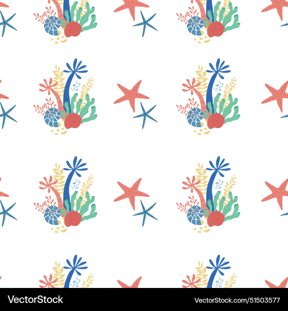 Seamless pattern with starfish and seaweeds Vector Image