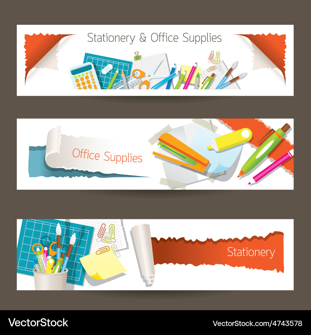 Office and stationery supplies objects banner Vector Image