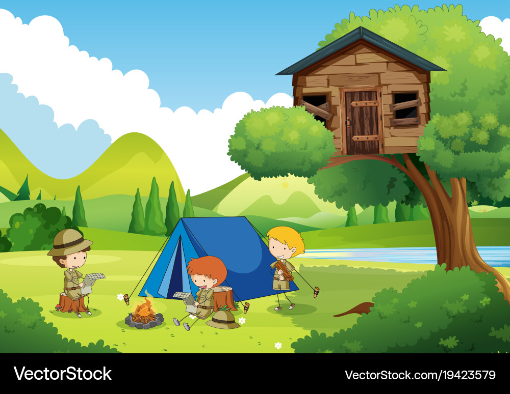 Boyscouts camping in the woods Royalty Free Vector Image