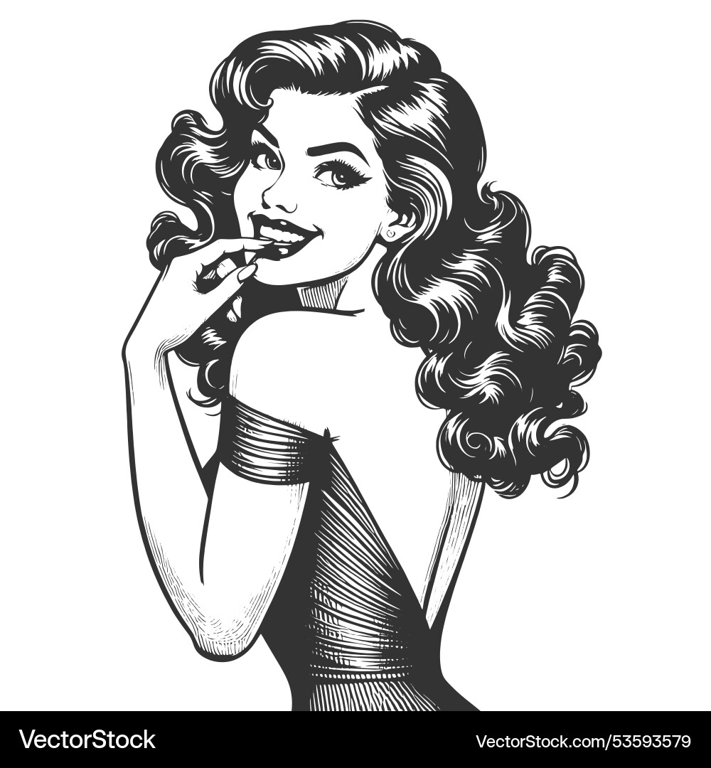 Flirty Young Woman with Bitten Finger Royalty Free Vector