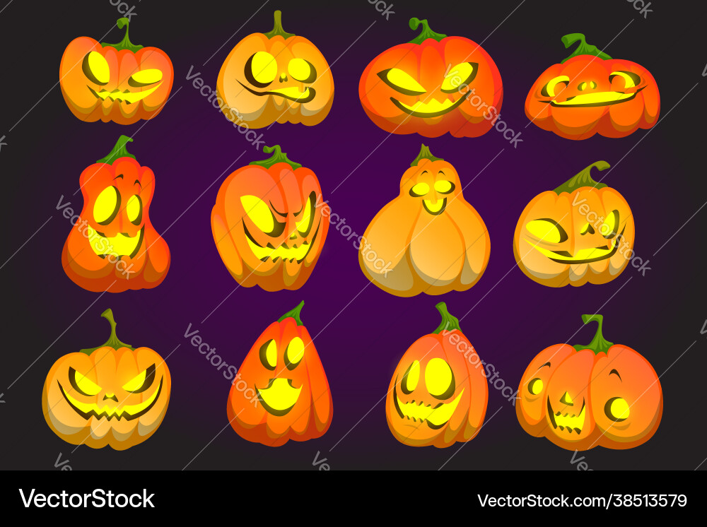 Halloween pumpkin funny faces jack-o-lanterns set Vector Image