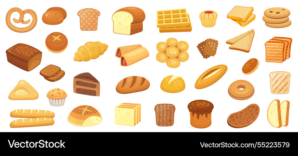 Large assortment of bakery products featuring Vector Image