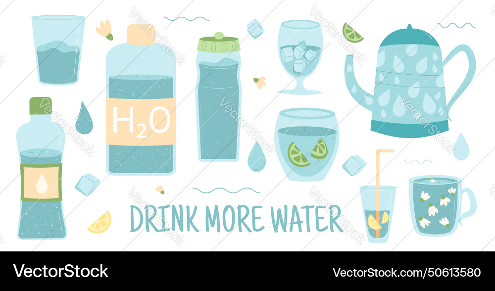 Water in different containers set isolated Vector Image