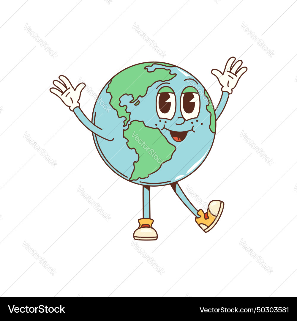Cartoon groovy globe character retro earth Vector Image