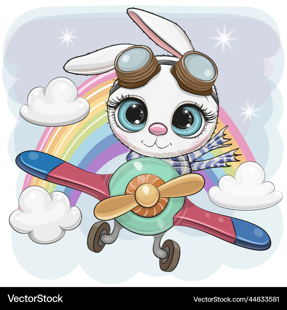 Cartoon rabbit is flying on a plane Royalty Free Vector