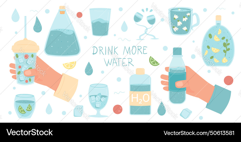 Drink more water in different containers set Vector Image