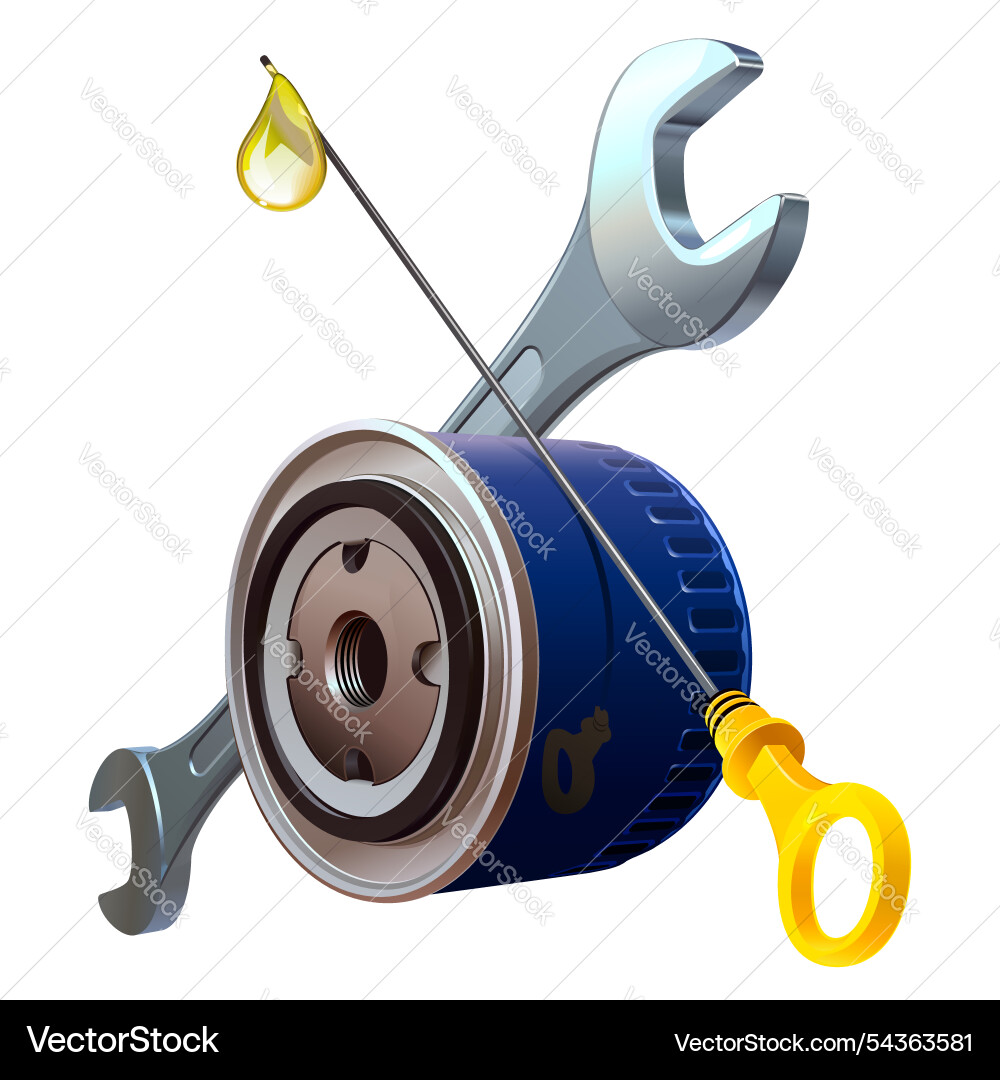 Oil filter with spanner and level dipstick Vector Image