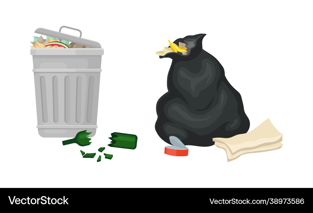 Messy Trash Bin with Plastic Bags Royalty Free Vector Image