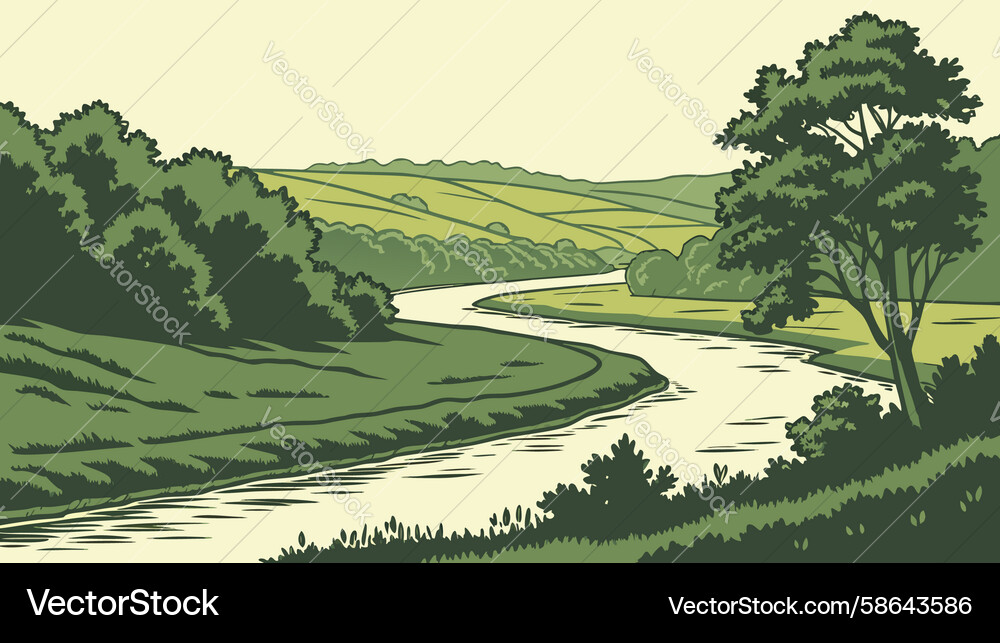 Serene River Landscape – Royalty-Free Vector | VectorStock