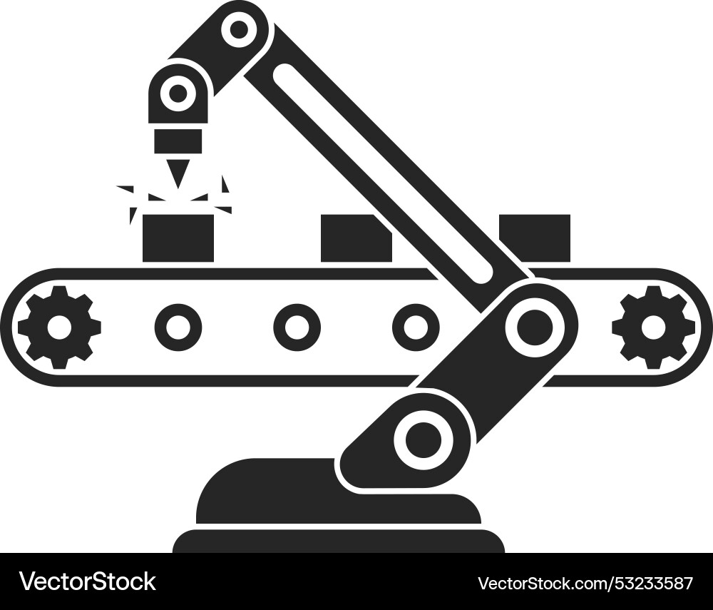 Automatic arm on industrial conveyor black icon Vector Image