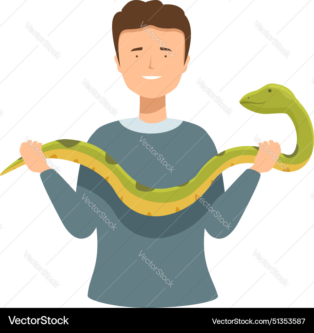 Cartoon man holding friendly snake Royalty Free Vector Image