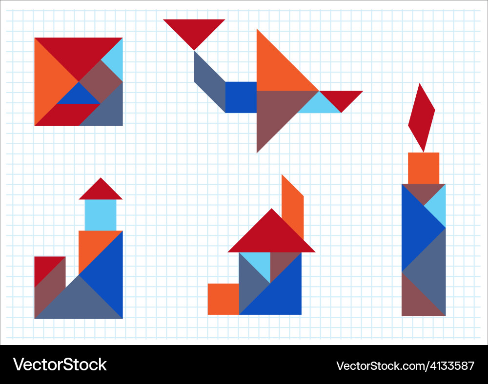 Tangram house aircraft candle lighthouse Vector Image