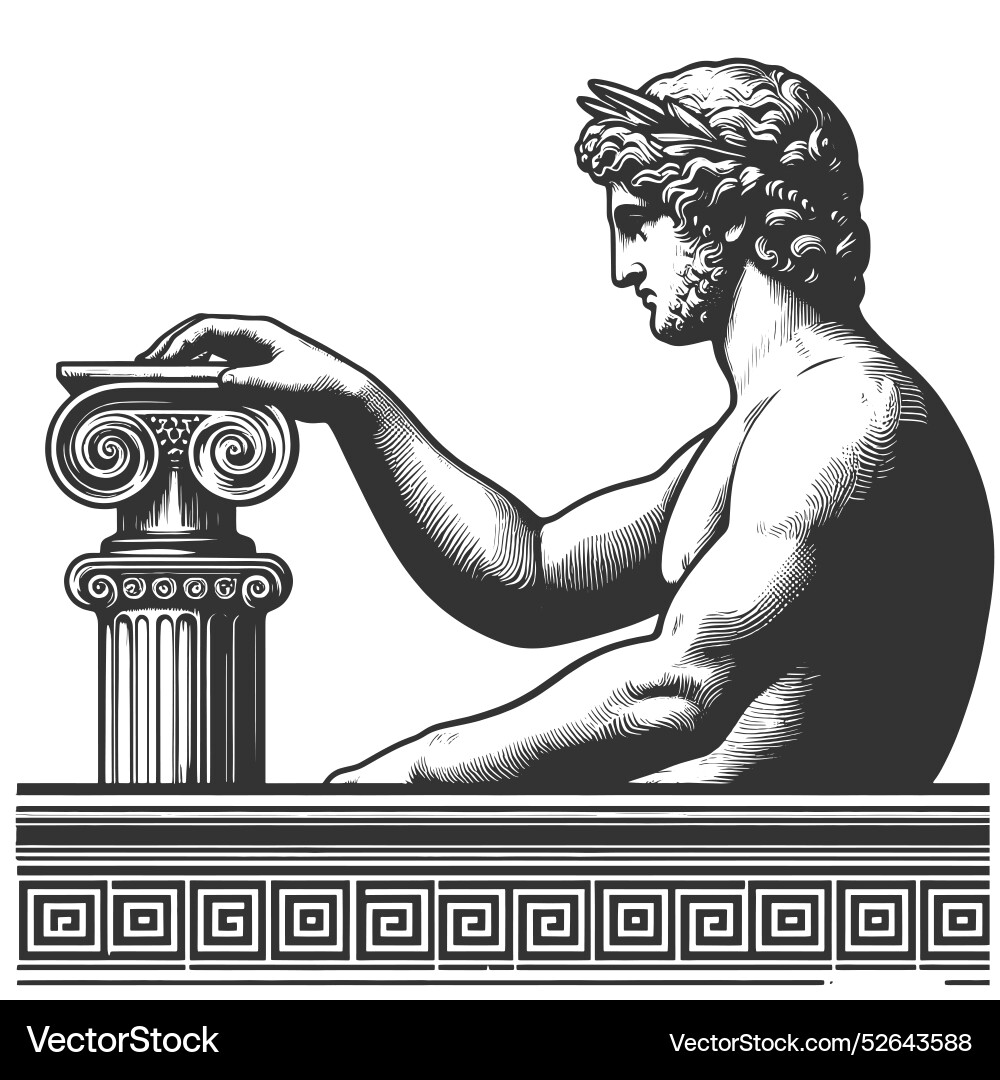Greek god with ionic column in profile Royalty Free Vector