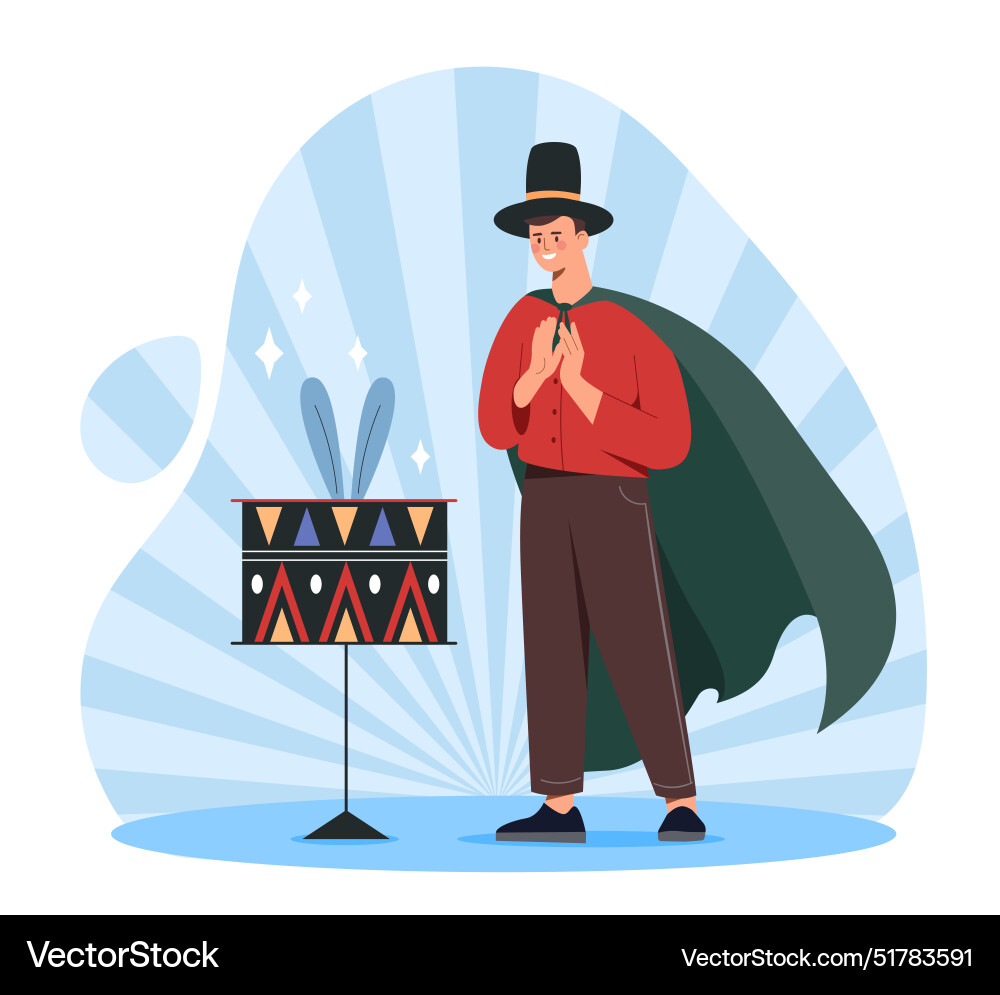 Magician man young guy in hat with rabbit inside Vector Image