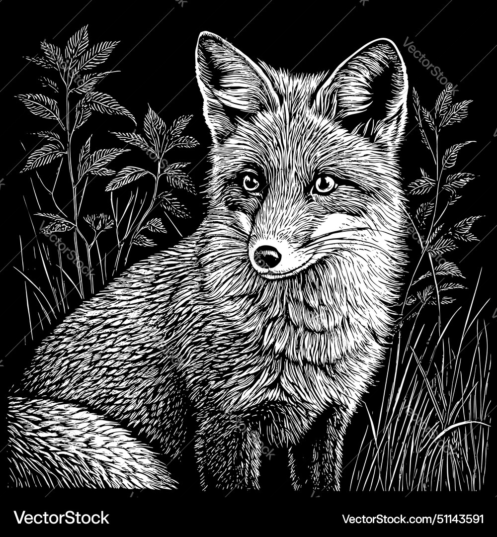 Realistic cute fox in engraving style Royalty Free Vector