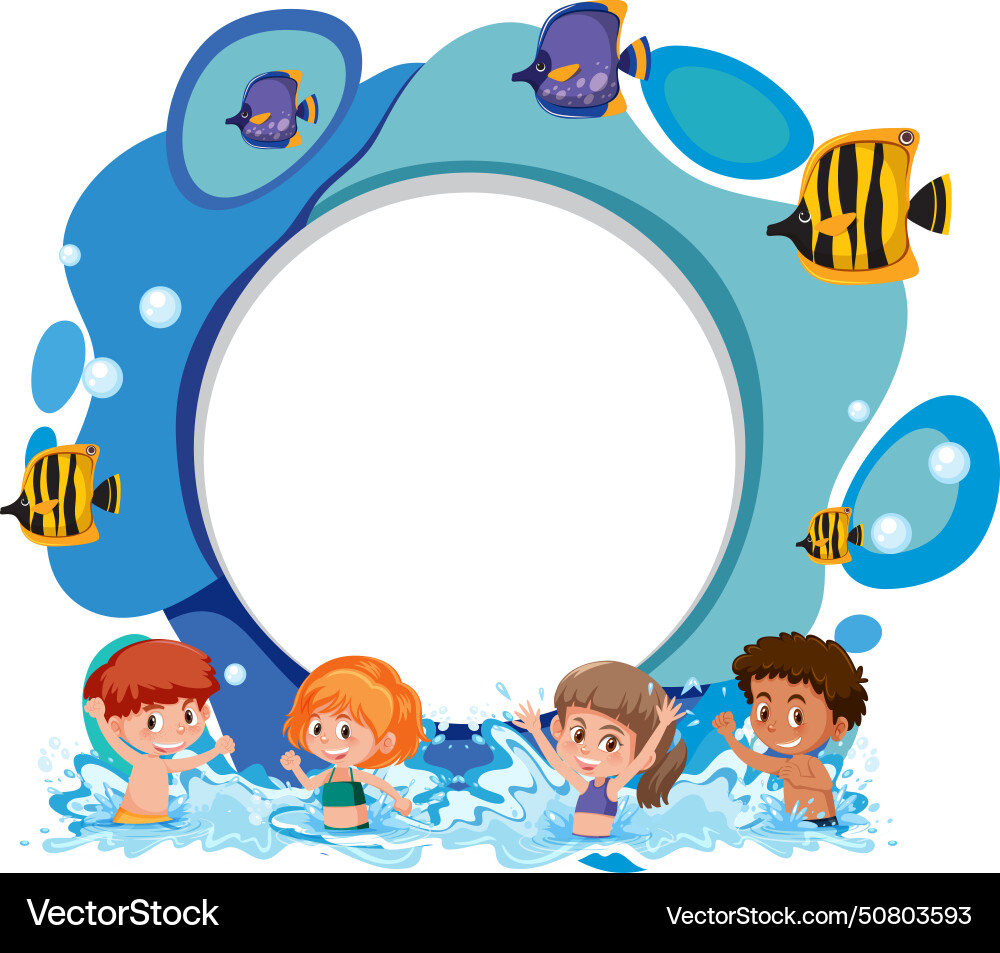 Children swimming with fish in a circular frame Vector Image