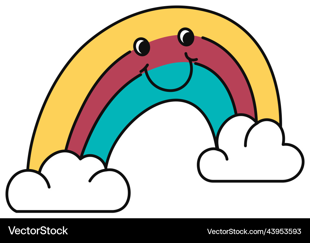 Sticker of smiling rainbow character with clouds Vector Image