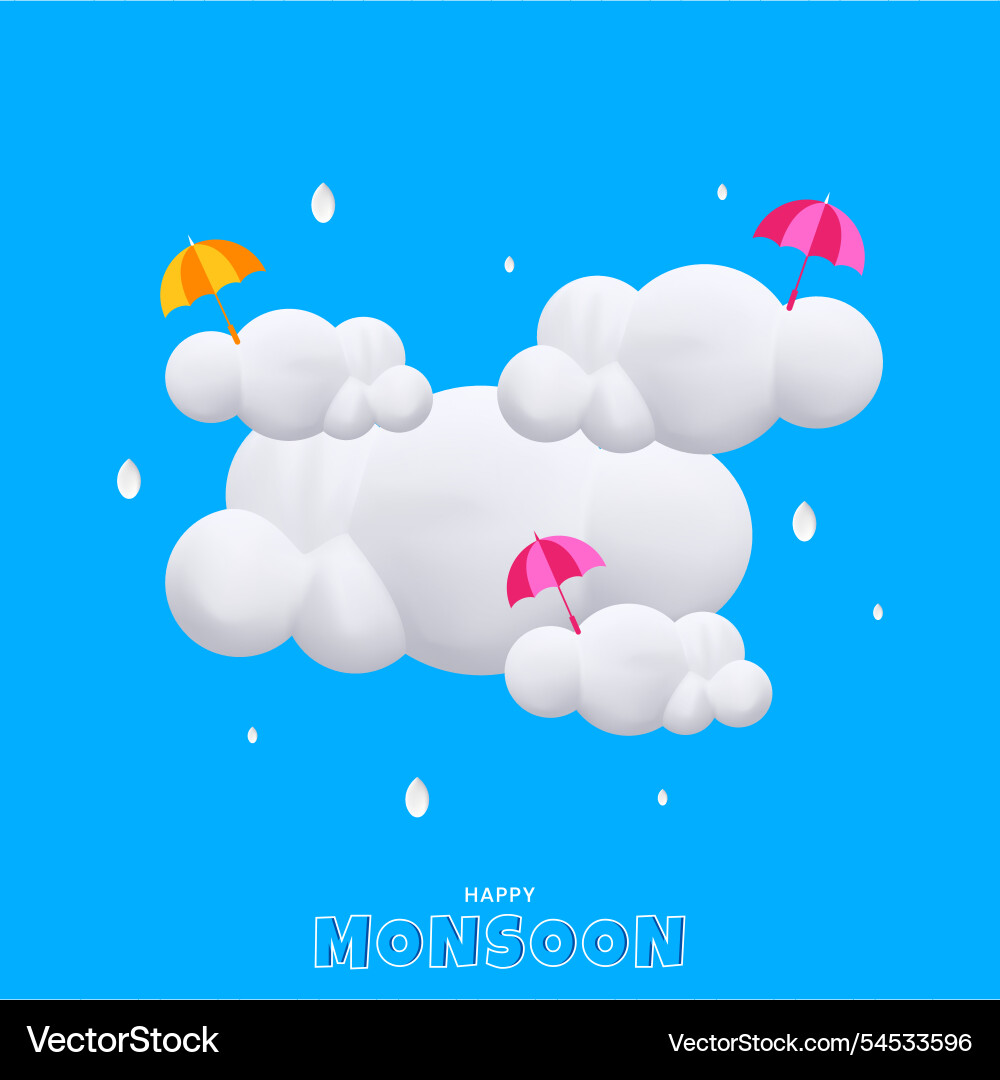 3d cloud raindrops and umbrella on blue Royalty Free Vector