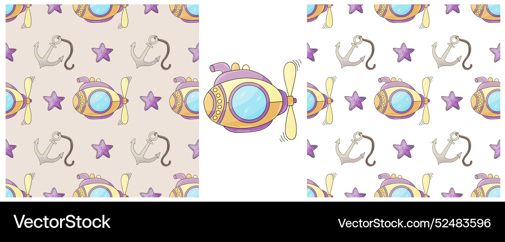 Set creative marine seamless pattern Royalty Free Vector