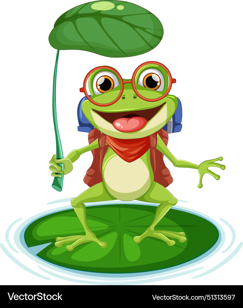 Colorful frog holding a leaf umbrella standing Vector Image