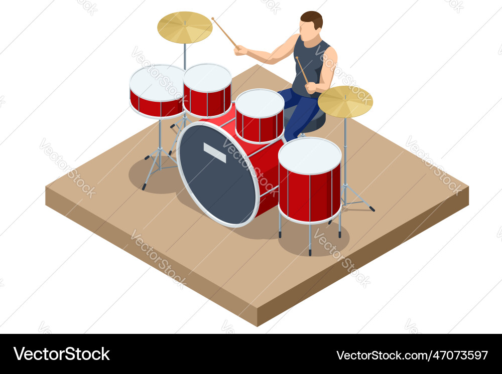 Isometric drum kit with drums and cymbals man Vector Image