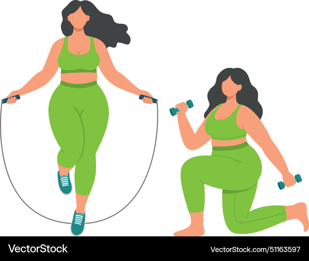 Plus size women does physical exercises Royalty Free Vector