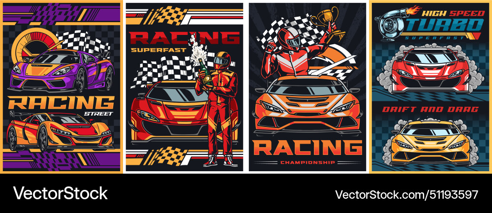 Racing cars colorful set posters Royalty Free Vector Image
