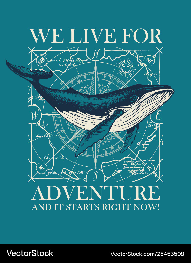 Hand-drawn banner with old map and big whale Vector Image