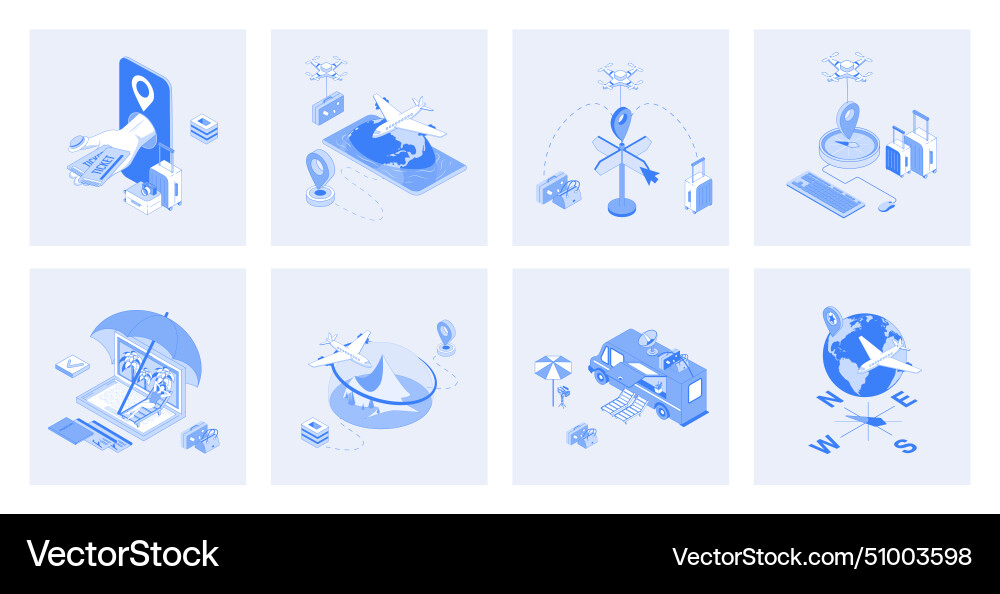 Travelling 3d isometric concept set Royalty Free Vector
