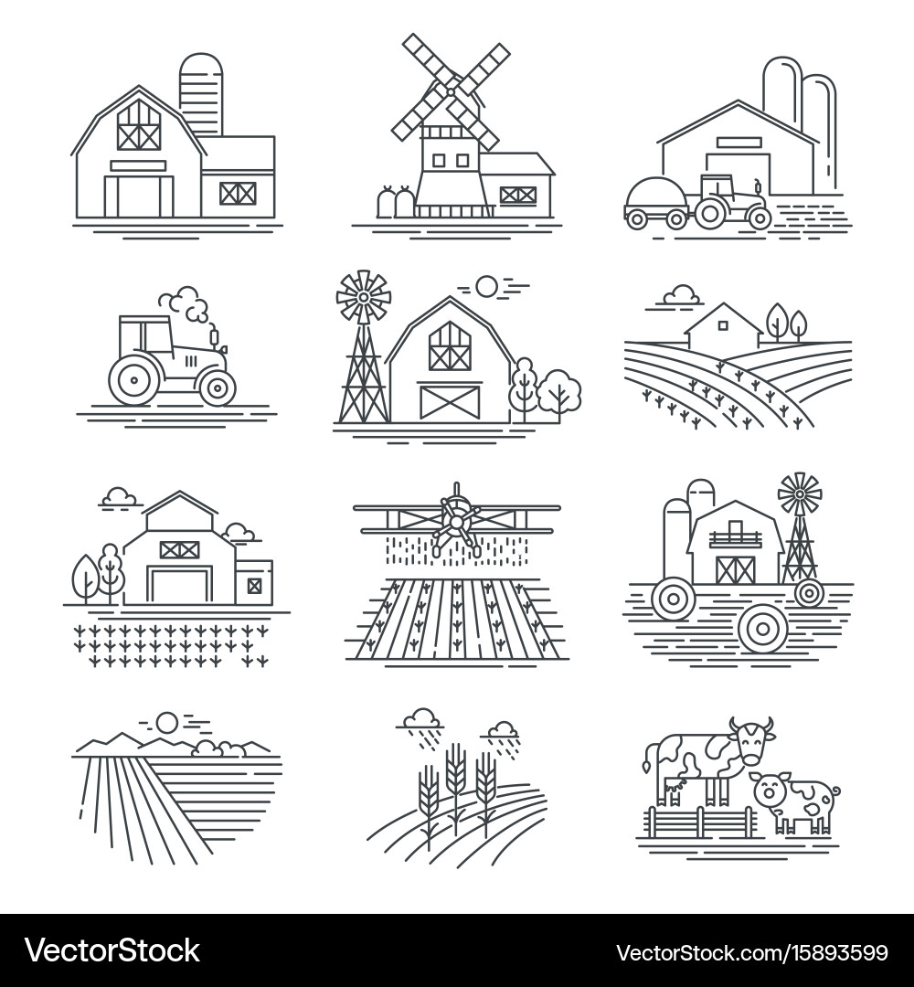 Farm and farming fields linear icons Royalty Free Vector
