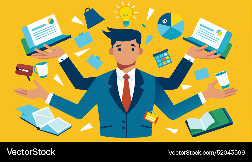 Multitasking businessman juggles office tasks Vector Image