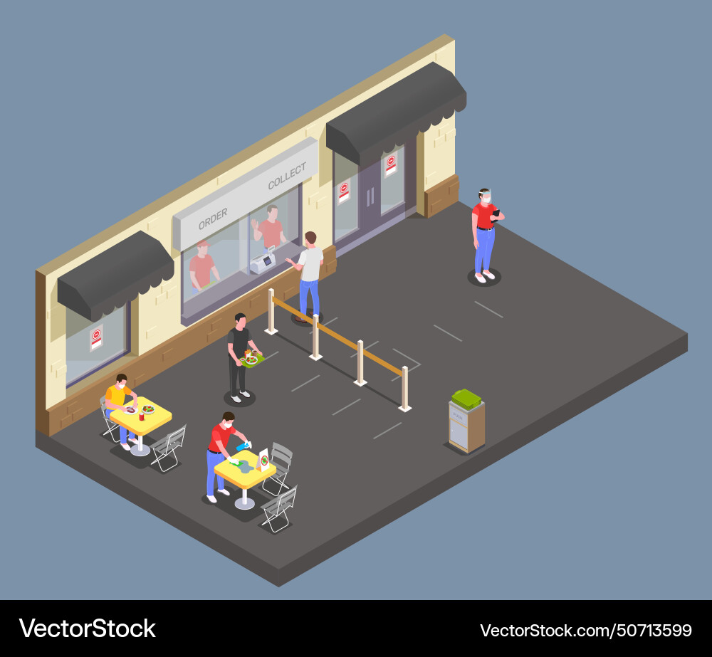 Social distancing cafe composition Royalty Free Vector Image