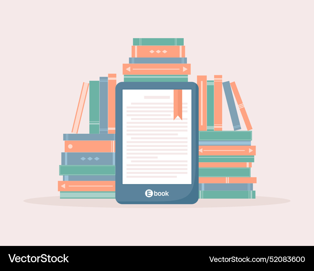E-book reader surrounded by stacks of books flat Vector Image