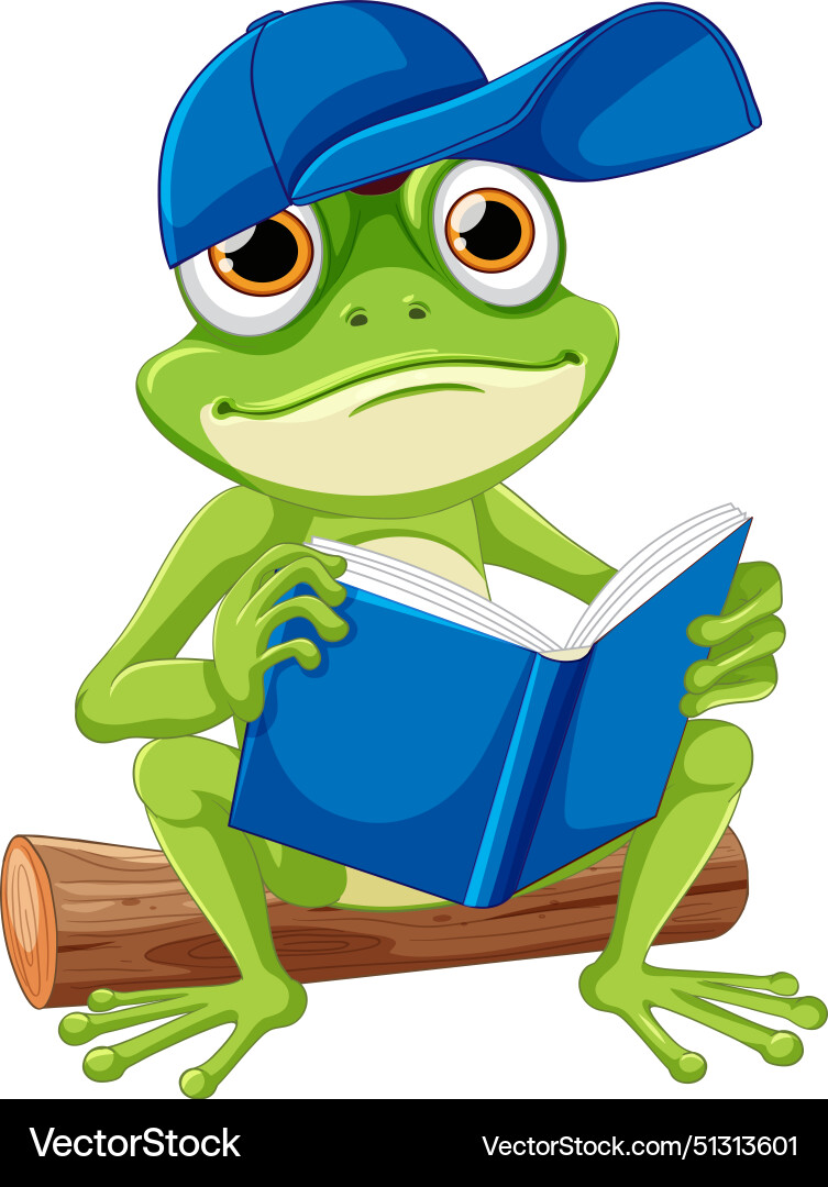 Cartoon frog reading on a log wearing cap Vector Image