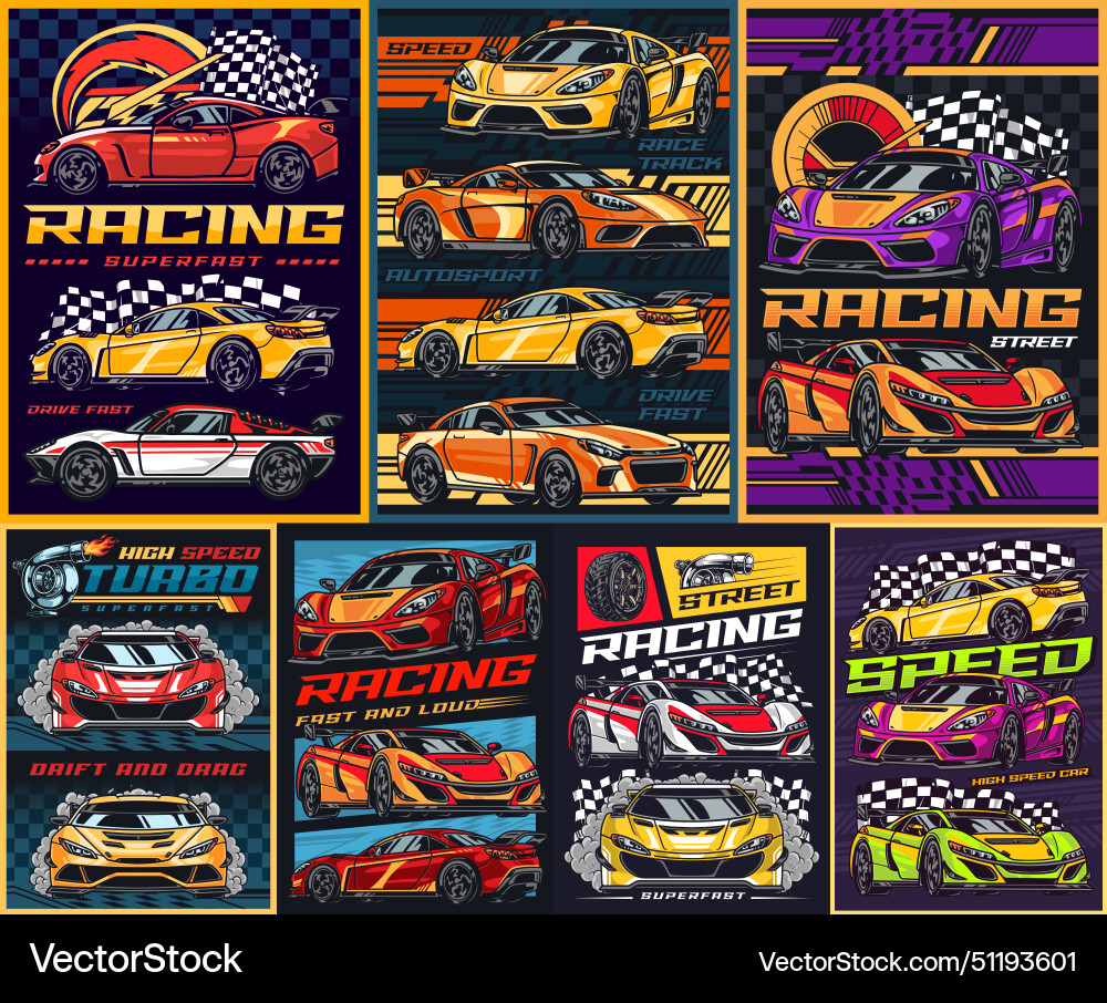 Racing industry colorful set flyers Royalty Free Vector